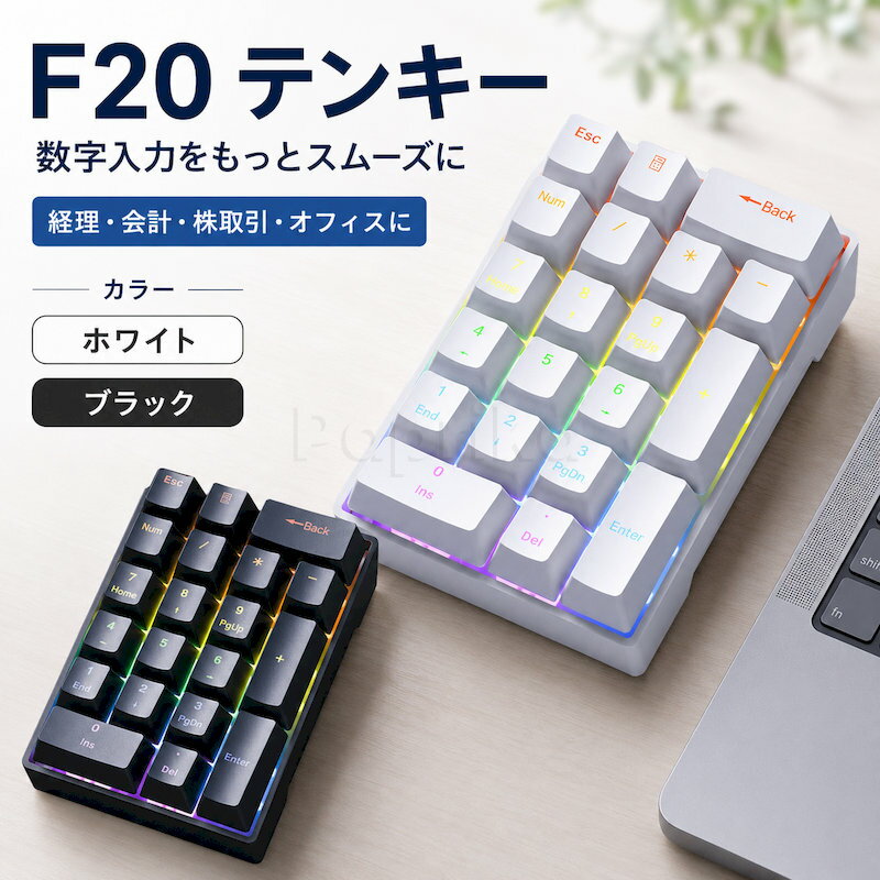 商品説明 商品名F20 メカニカルテンキー カラーホワイト、ブラック キー数20キー 接続方式USB有線接続 軸タイプ青軸、茶軸、赤軸 キーキャップABSダブルショット成形、二色成形キーキャップ 仕様メカニカルスイッチ、RGBバックライト、...