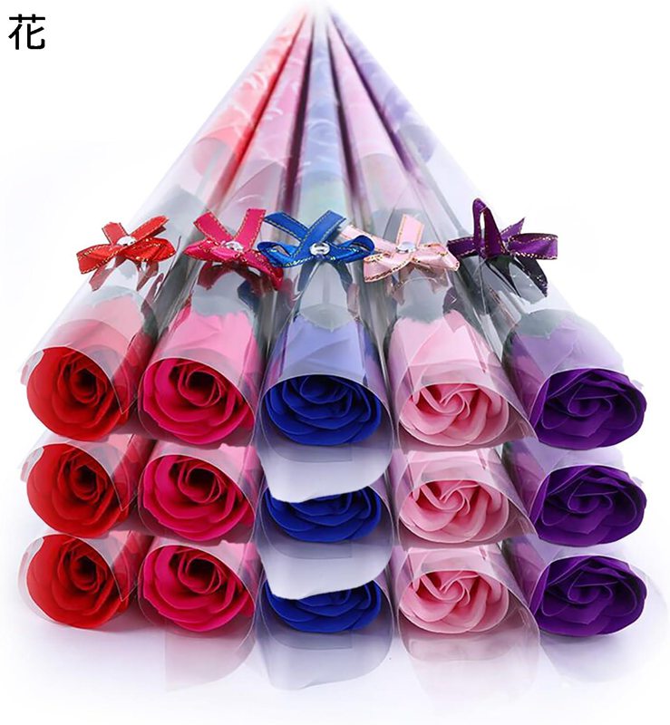 　　　 ◆◇◆人気の秘密◆◇◆ 【セット内容】ソープフラワー×15本　【サイズ】長さ：37cm　花：直径4cm　【カラー】レッド・チェリー・ベビーピンク・ブルー・パープル　各3本 フィルムでラッピング済みで、贈り物や景品に最適な15本入りセ...