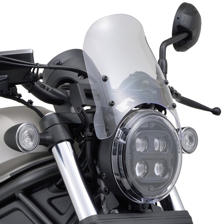 エアロバイザーのスクリーンとステーがセットになった車種別専用キット。 REBEL250/500（'20）専用品。 ●スクリーン部：ポリカーボネート製（3mm） ●ステー部：スチール製黒塗装 ●社外ウインカー装着用サービスホールM8付き。 ※...