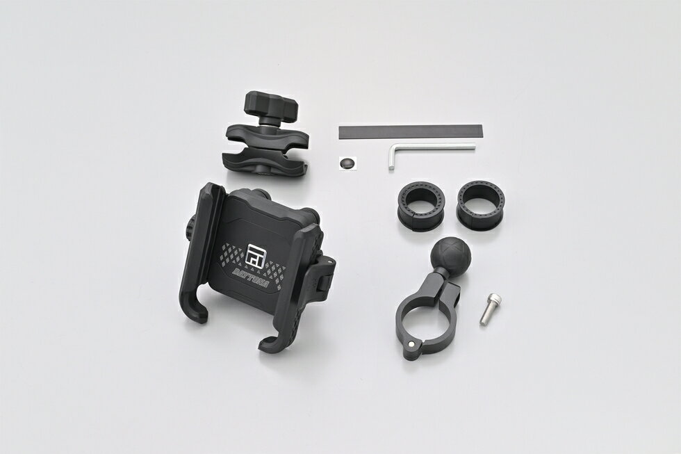 ボールジョイント機構により、自由度の高い位置調整が可能なスマートフォンホルダー。 スマホを置いて本体右側のロックレバーを開閉するだけで簡単ロック＆リリース。 左右の長い高強度アームでスマホを確実に固定します。 振動吸収機構が、バイクの振動か...