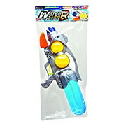 パッケージサイズ：約H60×W28×D7センチ 透明タンク仕様で、水の残量を確認しながら遊べます。 タンク容量は約1000cc、飛距離は約6.5m。 パワフルな水圧で屋外の水遊びやイベントにもぴったりです。