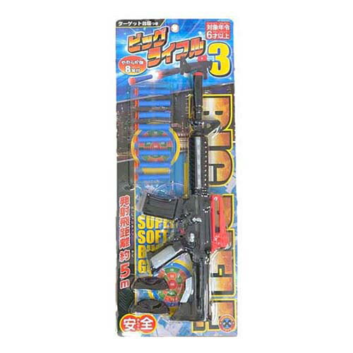 パッケージサイズ：約W21×H55×D3.5センチ 対象年齢：6歳以上 【セット内容】 ライフル（本体）×1、吸盤弾×8発、的×2、台座×2 発射飛距離：約5メートル