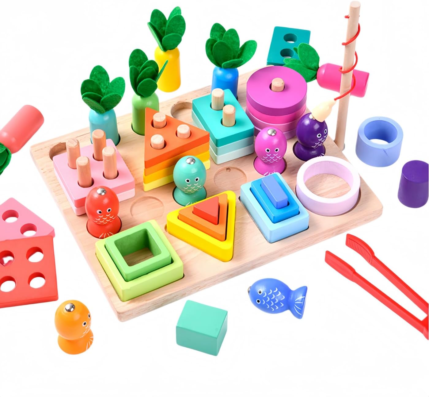商品情報【段階的なトレーニングの知育玩具】「トングで大根抜き」「磁石釣り」「形の棒通し」「形の積み木」の4 つの遊びが 1 台で楽しめます。簡単な引っ張り動作から、トングでのつまみ動作、釣りの細かい操作まで、段階的に指先の器用さと手首のコン...