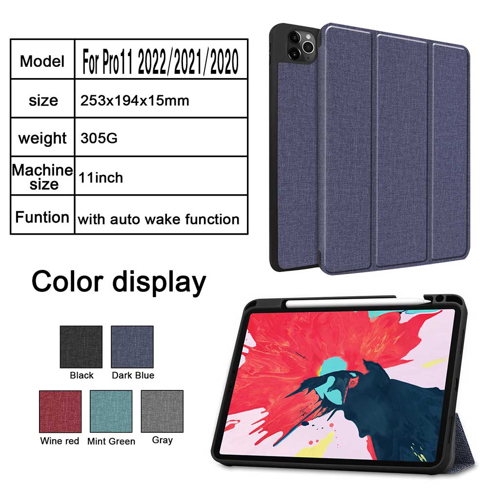 【送料無料】iPad Pro11 2022/2021/2020 用デニム紋仕様 ペンシル収納付きシリコン スタンドカバー iPad 10.2インチ カバー 薄型 軽量高級 三つ折 内蔵マグネット開閉式　PUレザーカバー モデル番号：A222...