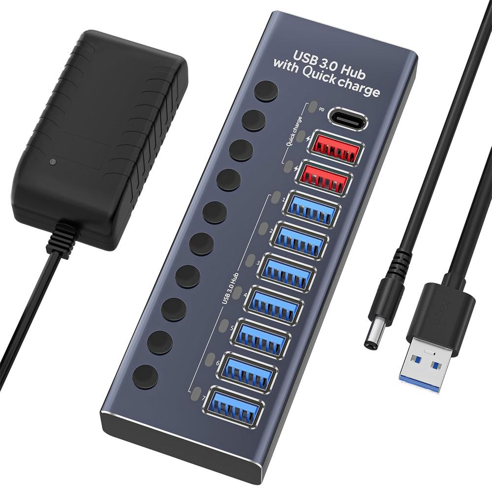 【送料無料】USBハブ 10ポートアクティブ USB3.0 Hub 7ポート + 3充電ポート(1ポートPD充電) 独立スイッチ付 ACアダプタ付き セルフパワー/バスパワー USB拡張 5Gbps高速データ転送 PD急速充電 アルミニウム...