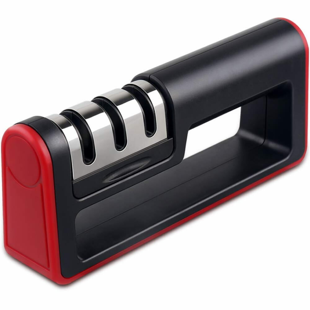 【三階段研ぎ】 粗研ぎ、細研ぎ、仕上げ研磨3つの研ぎ方法がありまして、さまざまな状態のナイフに便利に使えます。軽く力を入れている程度なので、女性の方にも簡単に扱うことができます。 【特性】 人間工学に基づいて、ABSプラスチックを利用して滑...