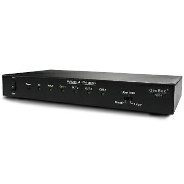 VNS GeoBox HDMI分配器（1入力4出力） GeoBox（ジオボックス）S914は、4K60p、8K2K(7680x2160)入出力対応のHDMI分配器です。1台のソース機器のHDMI信号を4台までのシンク機器に分配可能です。3種...