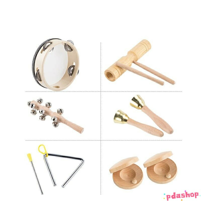 セット内容： タンバリン*1 ウッドブロック*1 トライアングル*1 ハンドベル*1 ハンドタンバリン*1 カスタネット*1 収納バッグ*1 ※モニターの環境等により、色の見え方に若干差が生じる場合がございます。