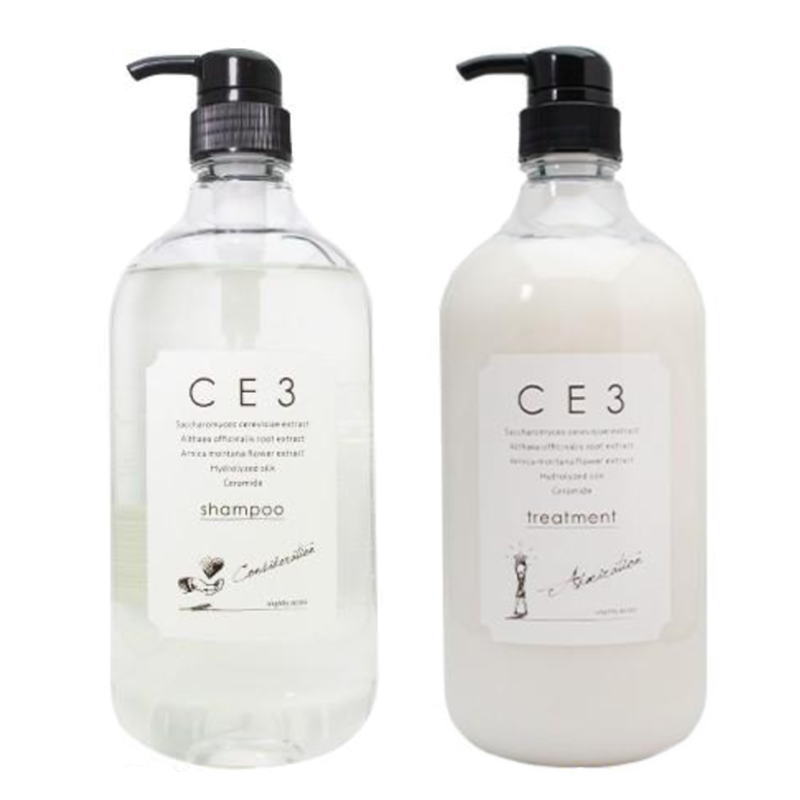 【CE3 シャンプー】 植物混合エキスを配合し、両性界面活性剤を中心にした洗浄基剤が髪・頭皮を保護し、サロン技術者の手肌にやさしいノンシリコンシャンプー。 【CE3 トリートメント】 髪内部の補強と表面の保護を同時にしっかり行うプロフェッシ...