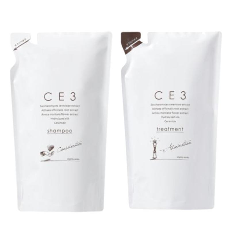 【CE3 シャンプー】 植物混合エキスを配合し、両性界面活性剤を中心にした洗浄基剤が髪・頭皮を保護し、サロン技術者の手肌にやさしいノンシリコンシャンプー。 【CE3 トリートメント】 髪内部の補強と表面の保護を同時にしっかり行うプロフェッシ...