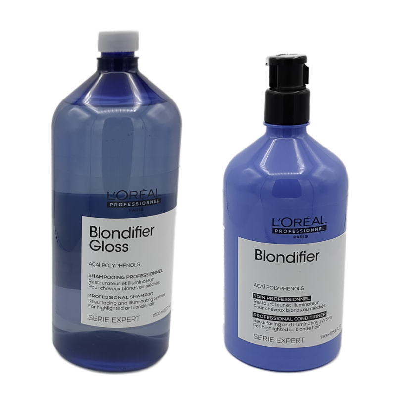 【真なるツヤ・きらめき、1日中持続。】 髪のツヤを構成する反射に着目。 ハイトーンカラーヘアにも、髪本来の輝きを。 ・ブロンディファイアー シャンプー 1500ml ・ブロンディファイアー コンディショナー 750ml の2点セット！【真な...