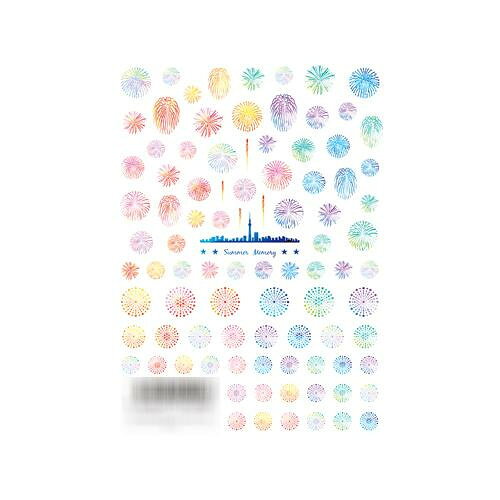 夜空にきらめく花火をイメージした美しいネイルシールです。しなやかフィットシート使用。サイズシートサイズ:88mm×120mm個装サイズ：15×9×1cm重量個装重量：7g素材・材質ポリエチレンフィルム生産国日本fk094igrjs