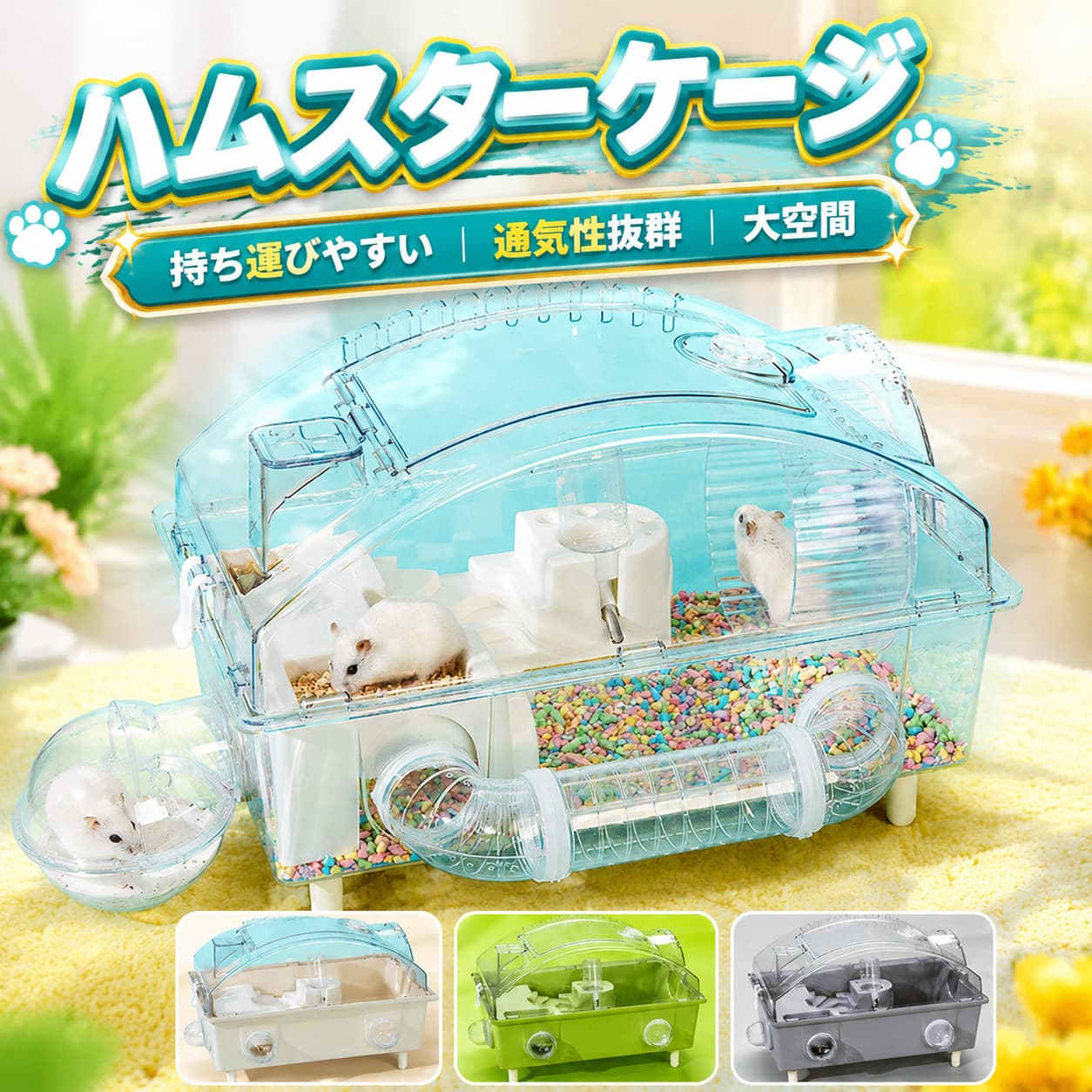 ハムスター ケージ 7点セット 2階建て飼育ケージ 大きめ 小動物 ケージ よく見える 食器 給水ボトル まわし車 食器 回し車 自動給水器 バスルーム 通気性抜群 脱出にくい 組立簡単 持ち運びやすい おしゃれ お掃除簡単 組立式