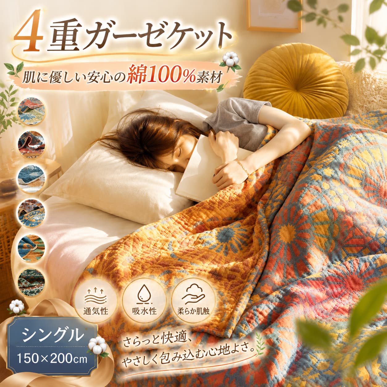 ガーゼケット 4重ガーゼケット 綿 シングル 150×200cm 夏用 夏毛布 タオルケット 花柄 コットン おしゃれ ブランケット マルチカバー ソファーカバー ナチュラル 通気性 吸水性 柔らか肌触 タオルケット 夏掛け 肌掛け 洗える...