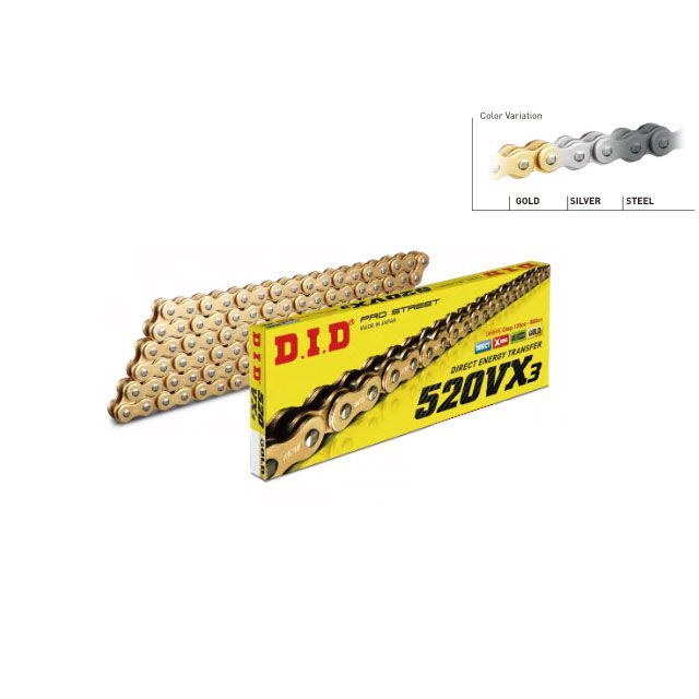 ●メーカー名：ディーアイディー / DID●商品名：ストリートチェーン 520VX3 軽圧入クリップジョイントタイプ（ゴールド）●リンク数 132L●JANコード：4525516321310商品の保証は、メーカー保証書の内容に準じます。シリ...