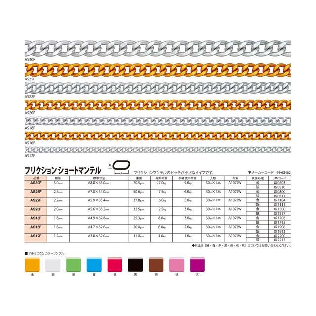 ●メーカー名：ニッサチェイン / nissa chain●商品名：金色 アルミカラーチェン 30m●メーカー品番：AS22F●JANコード：4968462071104商品の保証は、メーカー保証書の内容に準じます。仕様■線径：2.2mm■標準...