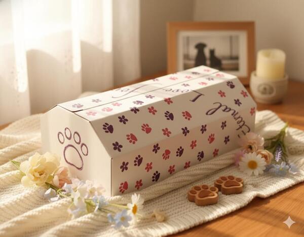 弊社オリジナル品（内側も白になりました）足あとをあしらった可愛らしい棺です。 永遠の愛をこめて・・・ 　　　 ◇本体素材：段ボール・中敷付き（内面ホワイト） ◇中型犬や猫ちゃんまで幅広くご使用いただけます。 ◇長さ68cm　幅36cm　高さ...