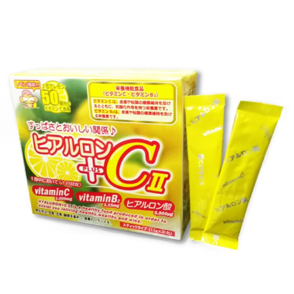 レモン風味でおいしく続ける「ヒアルロンプラスC II」ビタミンCとヒアルロン酸を配合した栄養機能食品です。1包あたりビタミンCを1000mg配合。レモン果汁換算で50個分相当のビタミンCを手軽に補給できます。さらに、ビタミンB2とヒアルロン...