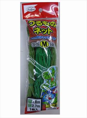 つる性植物がからみやすい、ひし目ネットです。作業を簡単にするロープが4本入っています。　ゴーヤ、キュウリ、朝顔などつる性植物にゴーヤ、キュウリ、朝顔などつる性植物に　　材質：PE　寸法(長さ(m)×長さ(m))1.8×2.7　ネット目合(c...