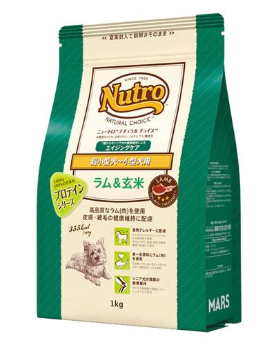 製品仕様 商品名 ニュートロ ナチュラル チョイス* 超小型犬〜小型犬用 エイジングケア ラム＆玄米 1kg 内容量 1kg 賞味期限 商品に記載 原材料 ラム（肉）*2、ラムミール、玄米*3、粗挽き米、米糠、オートミール*3、エンドウタン...