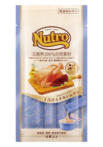 製品仕様 商品名 ニュートロ とろけるチキン＆ツナ 4本入り×3 内容量 12g×4本入り×3 賞味期限 商品に記載 原材料 チキン*1、ツナ*2、まぐろエキス、キャノーラ油*3、増粘多糖類、調味料（アミノ酸等） *1 亜鉛含、*2 DHA...