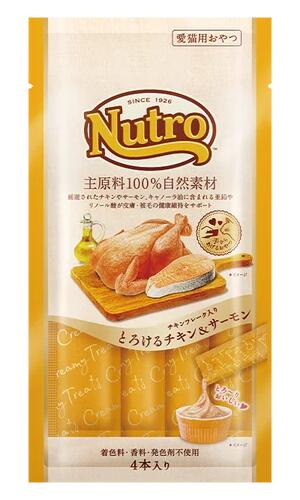 製品仕様 商品名 ニュートロ とろけるチキン＆サーモン 4本入り×3 内容量 12g×4本入り×3 賞味期限 商品に記載 原材料 チキン*1、ツナ、サーモン*2、キャノーラ油*3、増粘多糖類、調味料（アミノ酸等） *1 亜鉛含、*2 アスタ...