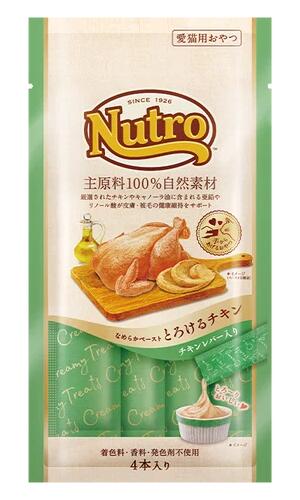 製品仕様 商品名 ニュートロ とろけるチキン＆チキンレバー 4本入り×3 内容量 12g×4本入り×3 賞味期限 商品に記載 原材料 チキン*1、ツナ、キャノーラ油*2、チキンレバー*3、増粘多糖類、調味料（アミノ酸等） *1 亜鉛含、*2...
