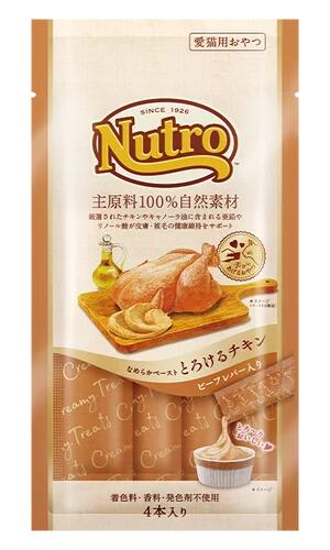 製品仕様 商品名 ニュートロ とろけるチキン＆ビーフレバー 4本入り×3 内容量 4本入り×3 賞味期限 商品に記載 原材料 チキン*1、ツナ、キャノーラ油*2、ビーフレバー*3、増粘安定剤、調味料（アミノ酸等） *1 亜鉛含、*2 リノー...