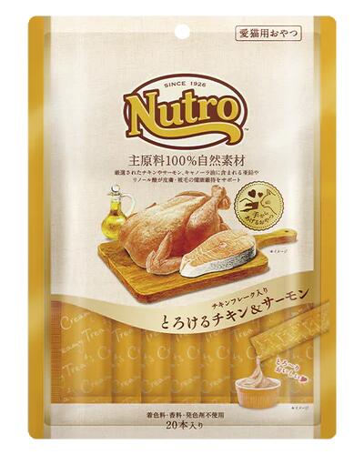 製品仕様 商品名 ニュートロ とろけるチキン＆サーモン 20本入り 内容量 12g×20本入り 賞味期限 商品に記載 原材料 チキン*1、ツナ、サーモン*2、キャノーラ油*3、増粘多糖類、調味料（アミノ酸等） *1 亜鉛含、*2 アスタキサ...