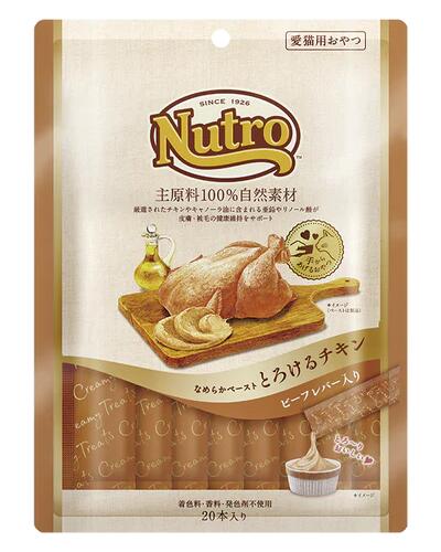 製品仕様 商品名 ニュートロ とろけるチキン＆ビーフレバー 20本入り 内容量 12g×20本入り 賞味期限 商品に記載 原材料 チキン*1、ツナ、キャノーラ油*2、ビーフレバー*3、増粘安定剤、調味料（アミノ酸等） *1 亜鉛含、*2 リ...
