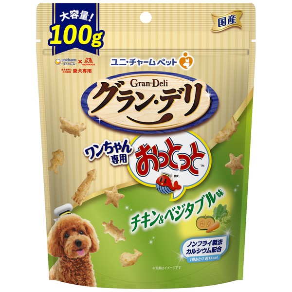商品の特徴 ◇ユニ・チャーム グラン・デリワンちゃん専用おっとっとチキン&ベジタブル味100g カリッと楽しい食感のワンちゃん専用おっとっとです 【使用方法】 与える前にお読みください ●1日の給与量は右記の表を目安に、愛犬の体重や健康状態...