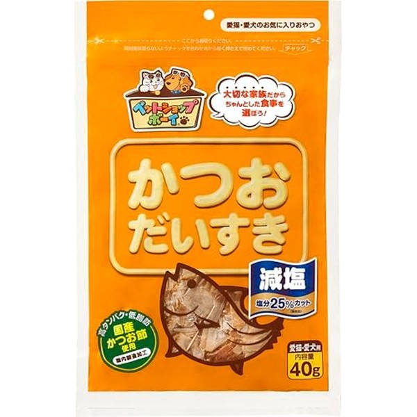 商品の特徴 ◇マルトモ 減塩かつおだいすき40g ペットフ—ド(犬、猫用)の低塩分花かつお メーカー比塩約25%カット(塩分0.9%以下) 製品仕様 【原産国】日本 【原材料】かつお節 JANコード：4902833885655 ※商品詳細に...