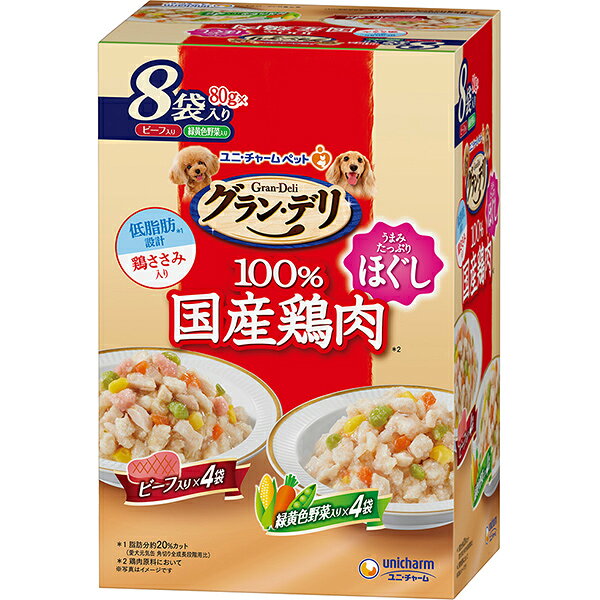 100％国産の良質な鶏肉＊を調理(＊鶏肉原料において)美味しい鶏ささみ入りレトルトパウチ愛犬が大好きなほぐし仕立てのゼリータイプ美味しい低脂肪パウチビーフ入りと緑黄色野菜入りがそれぞれ4袋ずつ入った嬉しいアソート8袋パック 【 原材料 】 ...