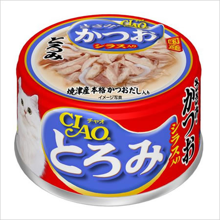 原材料鶏肉（ささみ）、かつお、でん粉、しらす、かつお節エキス、糖類（オリゴ糖等）、植物性油脂、増粘剤（加工でん粉）、ミネラル類、調味料（アミノ酸等）、増粘多糖類、ビタミンE、紅麹色素、緑茶エキス、カロテノイド色素成分分析値粗たん白質：6．5...