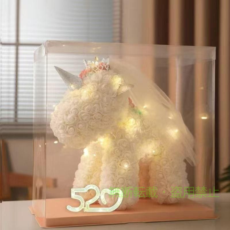 【枯れることのない花】花びらはシルク素材で加工され、本物の形を保つ同時に枯れることなく、永遠に残す。忘れらないあの時を永久に刻み込む。 【綺麗なLEDライト】 LEDライト付きの銅線はいばらのようにユニコーンを回れ、綺麗に飾れ、やさしい光の...