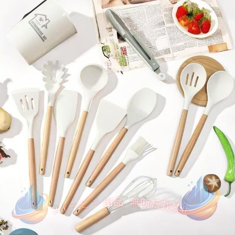 【商品名】：キッチンツール調理器具 【材質】：シリコン 、木 【カラー】：ホワイト（大理石柄） 【安全性】：人体に有害な化学物質BPA(ビスフェノールA)を含まないシリコン素材を使用し、LFGB、SGSとアメリカ食品医薬局 (FDA)のテス...