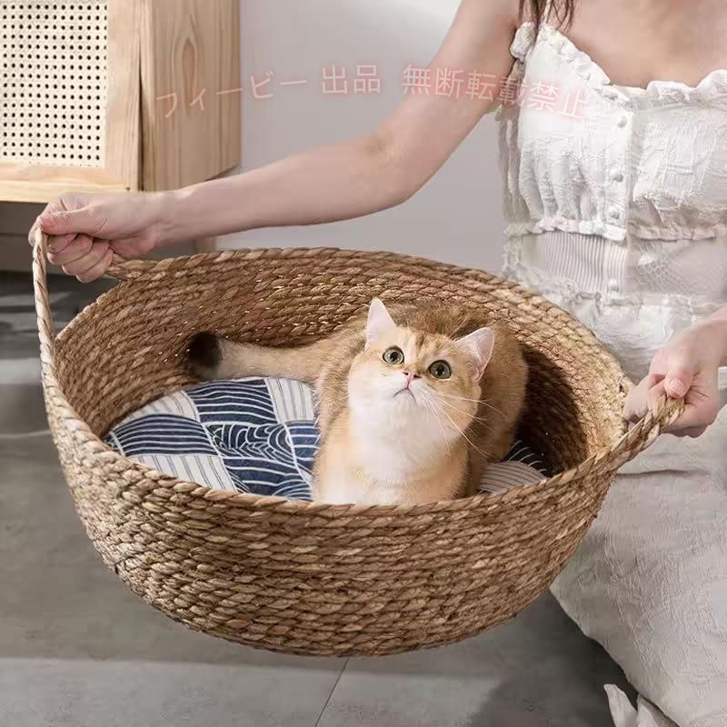 ペットベッド カゴ 夏用 猫用ベッド 小型犬 カゴベッド 猫 かご ベッド 【素　材】とうもろこし皮・リネン 【生産国】中国 【サイズ】S/M/L 【適　用】小型犬・猫 ※クッションはありません。ご了承いただきます。 ※PC?環境?光の具合...