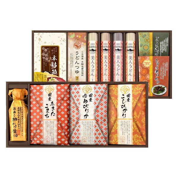 内容国産こしひかり2合（300g）×1個、国産あきたこまち2合（300g）×1個、国産ゆめぴりか2合（300g）×1個、美人うどんもち麦（1人前）×2個、美人うどん赤米（1人前）×1個、美人うどん黒米（1人前）×1個、蔵出し卵がけ醤油120...