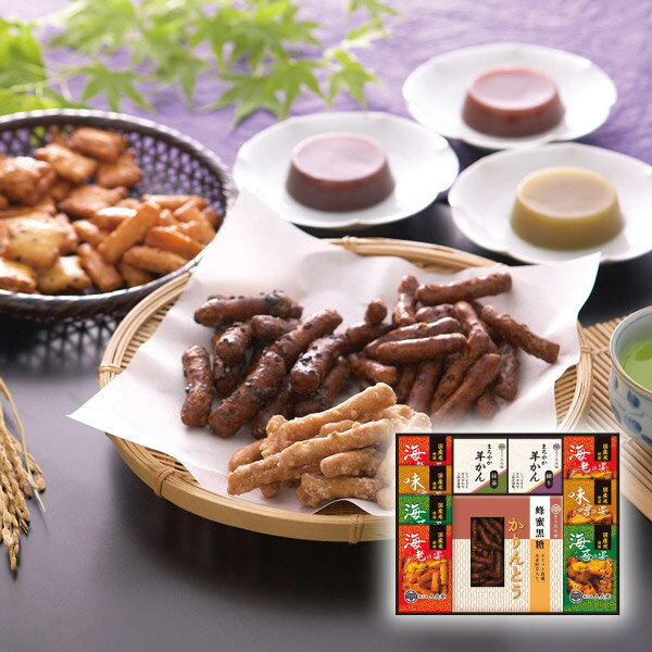 内容蜂蜜黒糖かりんとう（40g）・羊かん（抹茶・練り）（60g）×各1、あられ（海老）（12g）×3、あられ（海苔）（12g）・あられ（味噌）（12g）×各2 パッケージ化粧箱 箱サイズ約292×363×42mm（入） 重量約670g アレ...
