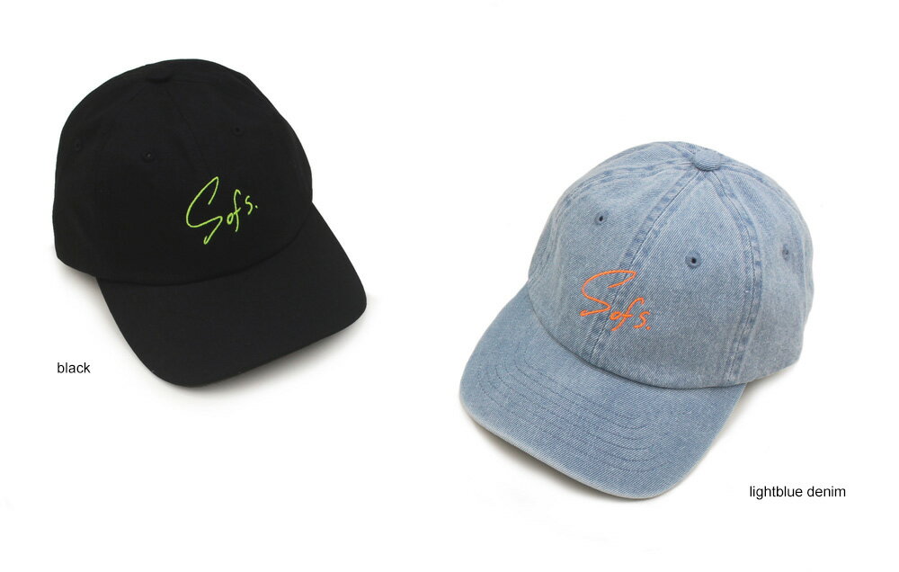 ブラックはツイル素材、ブルーはデニム素材のベーシックなキャップBR> 「S of s.」の刺繍 ゴリラ？の小さなワッペンとピスネームのアクセント 後ろ側にサイズアジャスター付き サイズについて つばの内周がやや狭めのデザインです。キッズ〜ジ...