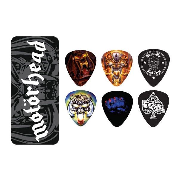 ジム・ダンロップ Motorhead Album Art モーターヘッドのアルバムデザインをプリントしたピック。 形状：ティアドロップ 材質：TORTEX 厚さ：0.73mm 販売単位：1缶（ピック6枚入り） ピック6枚、缶入り。