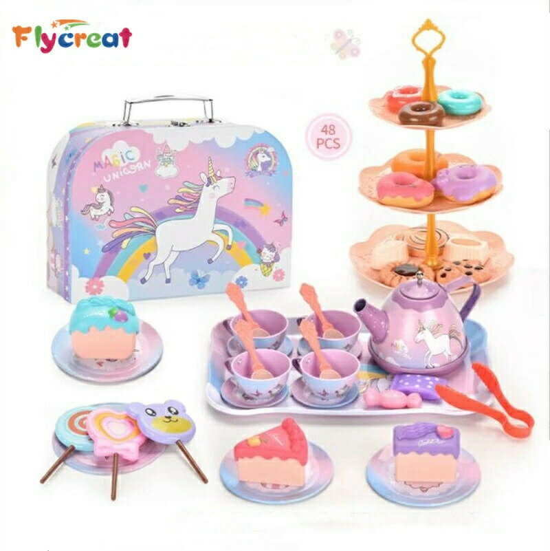 ユニコーンティーティーセット:子ども用おままごとティーセット:ユニコーン収納ケース1個、ブリスターポット1個、トレイ1個、カップ4個、カップ4個、ソーサー4個、スプーン4個、ケーキヘラ、3段とキャンディ、ドーナツ、クッキー、マカロン、アイス...