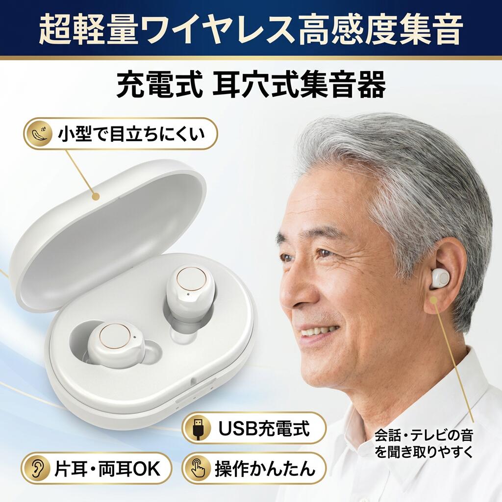 【1年保証付き】充電式 集音器 耳穴式 小型超軽量 ワイヤレス 高感度集音器 音質良い 片耳使用可能 両親 母の日 父の日 敬老の日 プレゼント 操作簡単 USB充電 高齢者用 検索関連ワード 集音器, 聴覚補助器, ワイヤレス集音器, 高...