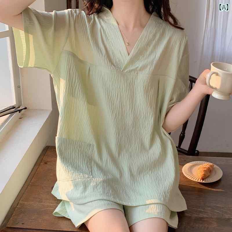 岩盤浴 ウェア サウナ マッサージ 服 ガーゼ コットン 夏 薄手 半袖 半ズボン Vネック カップ付き プルオーバー ウエスト ゴム パジャマ 部屋着 レディース ミントグリーン アプリコット スカイブルー岩盤浴 ウェア サウナ マッサー...