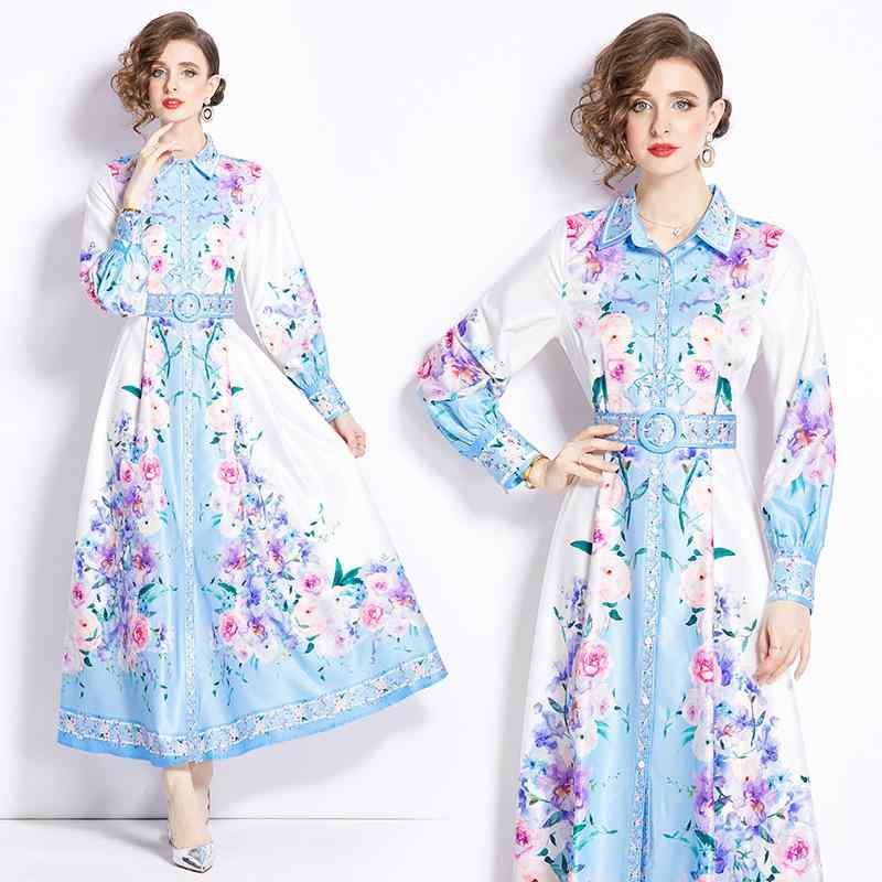 ・主な素材: 麻95%以上・柄: プリント・スタイル: プルオーバー、ストリート・組み合わせ: 単品・スカート丈: ミドル丈・ネックライン: シャツカラー・袖型: ランタンスリーブ・袖丈: 長袖・ウエスト: ミドルウエスト・カラー: ブルー...
