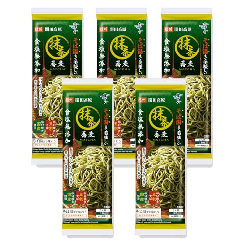 原材料:そば粉(国内製造)、小麦粉、抹茶(京都府産)、小麦たんぱく 内容量:180g×5袋 商品サイズ(高さx奥行x幅):25.5cm×7.5cm×8.0cm
