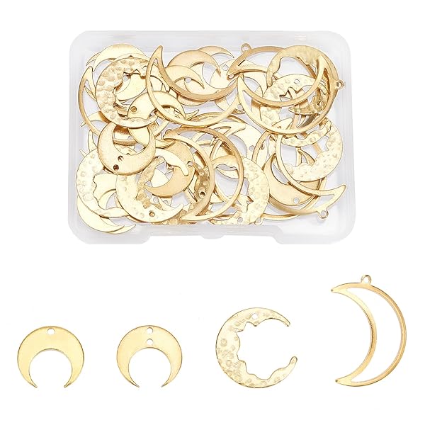 SUPERFINDINGS 40個 4スタイル ムーン メタル チャーム 三日月 真鍮 ペンダント 月 ゴールデン チャーム 天体ペンダント 透かし彫りの月のペンダント 小さい かわいい 2穴 チャーム ネックレス ブレスレット イヤリング...