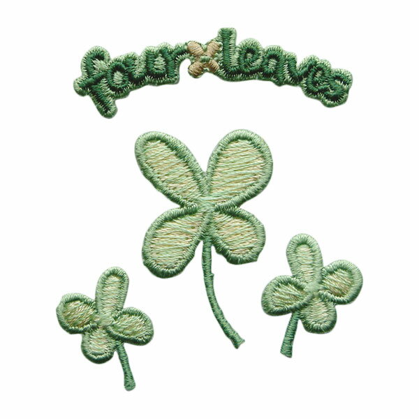 四葉のワッペンです。 コットンやリネンの生地にぴったりです。 ■サイズ　約大約4cm、小2.5cm　文字5.5cm ■アイロン接着　