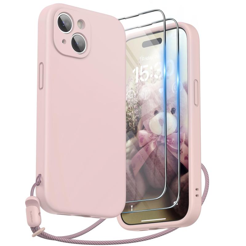 SURPHY iPhone15用ケース シリコン,フィルム付き ストラップ付き 6.1インチ対応(2023) 携帯ケース iPhone15(カメラの全面保護) 耐衝撃 超軽量 指紋防止 全面保護 iPhone15用ソフトカバー (ピンク)【...