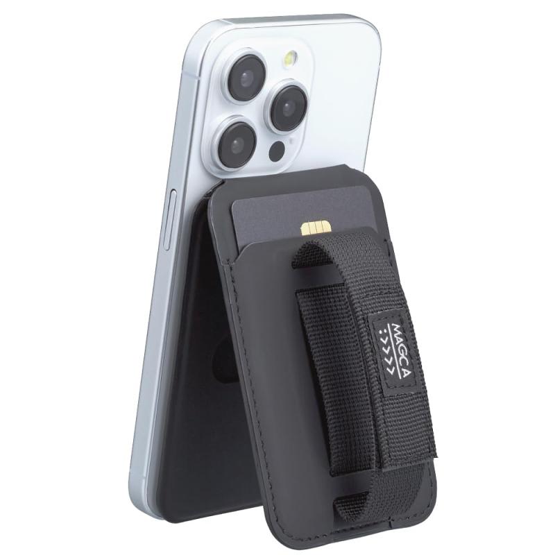 MAGCA マグネット式カード型 iPhone スタンド ハンドベルト付き Magsafe 対応 ブラック Z3113Magsafe対応iPhoneに簡単着脱できるカードポケット付きアクセサリーハンドベルト付きで持ちやすい縦にも横にも使える...